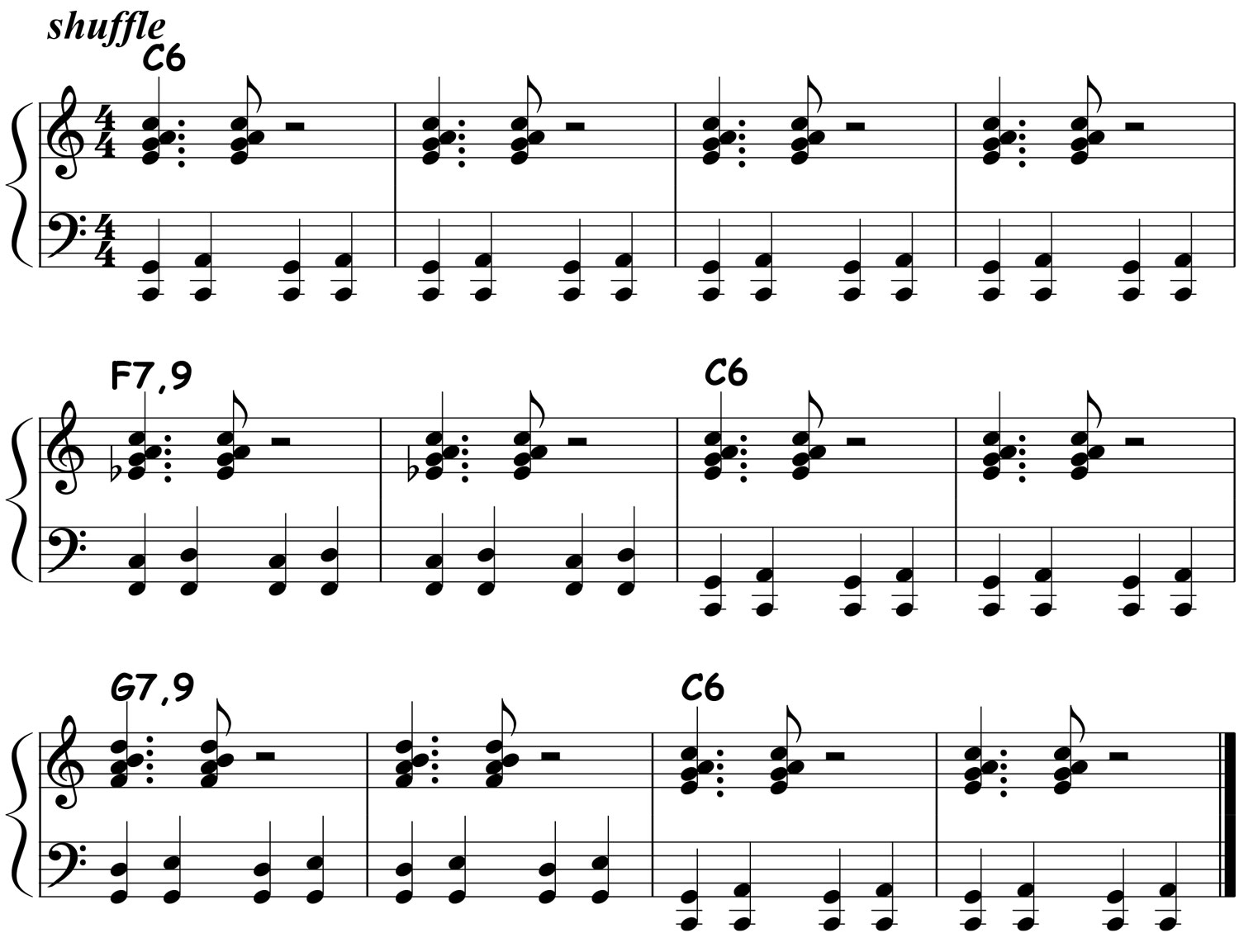 Blues Piano Lesson: Major 12 Bar Blues: Shuffle Comping Pattern #1 ...